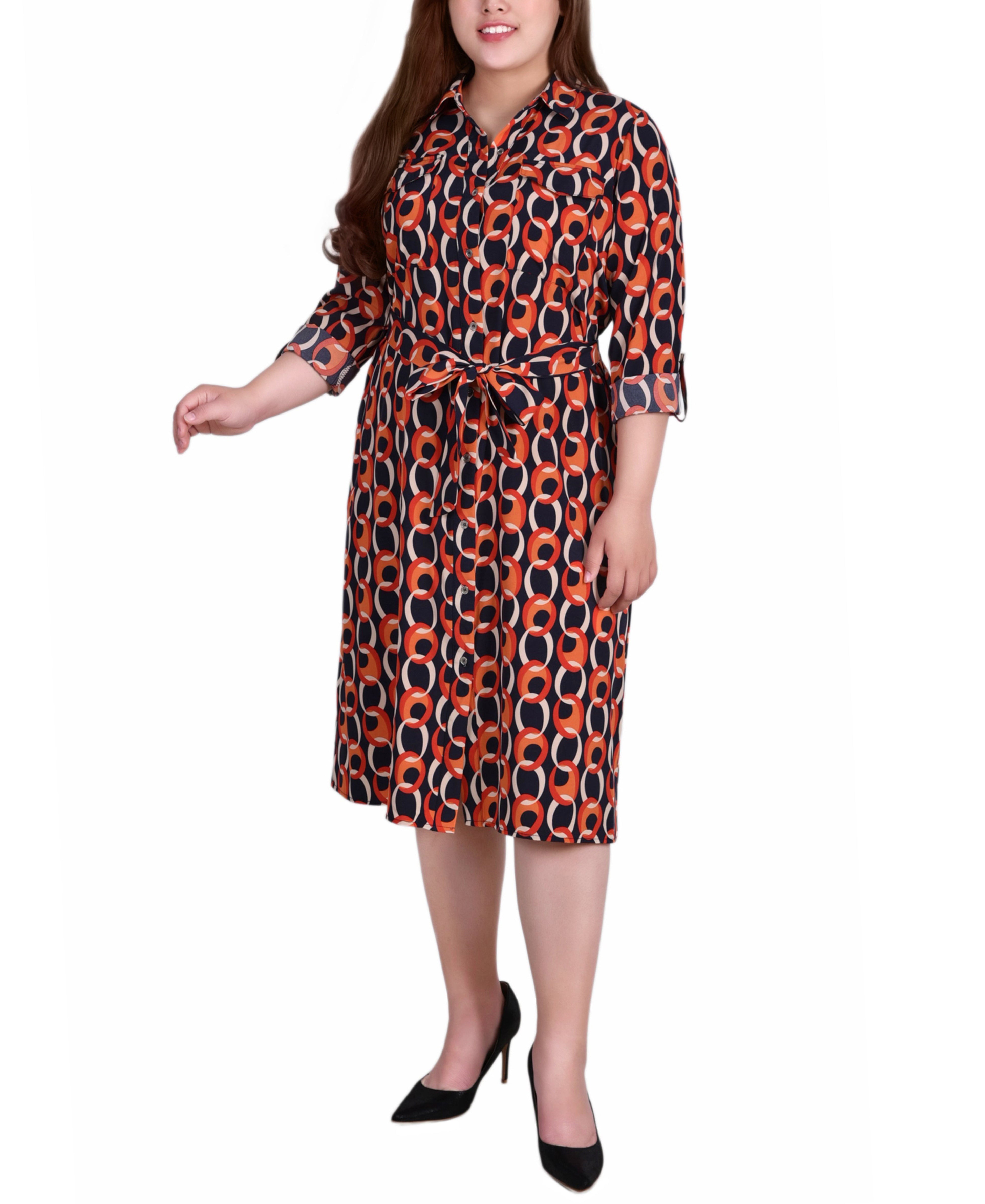 Plus Size Long Sleeve Roll Tab Shirtdress – NY COLLECTION