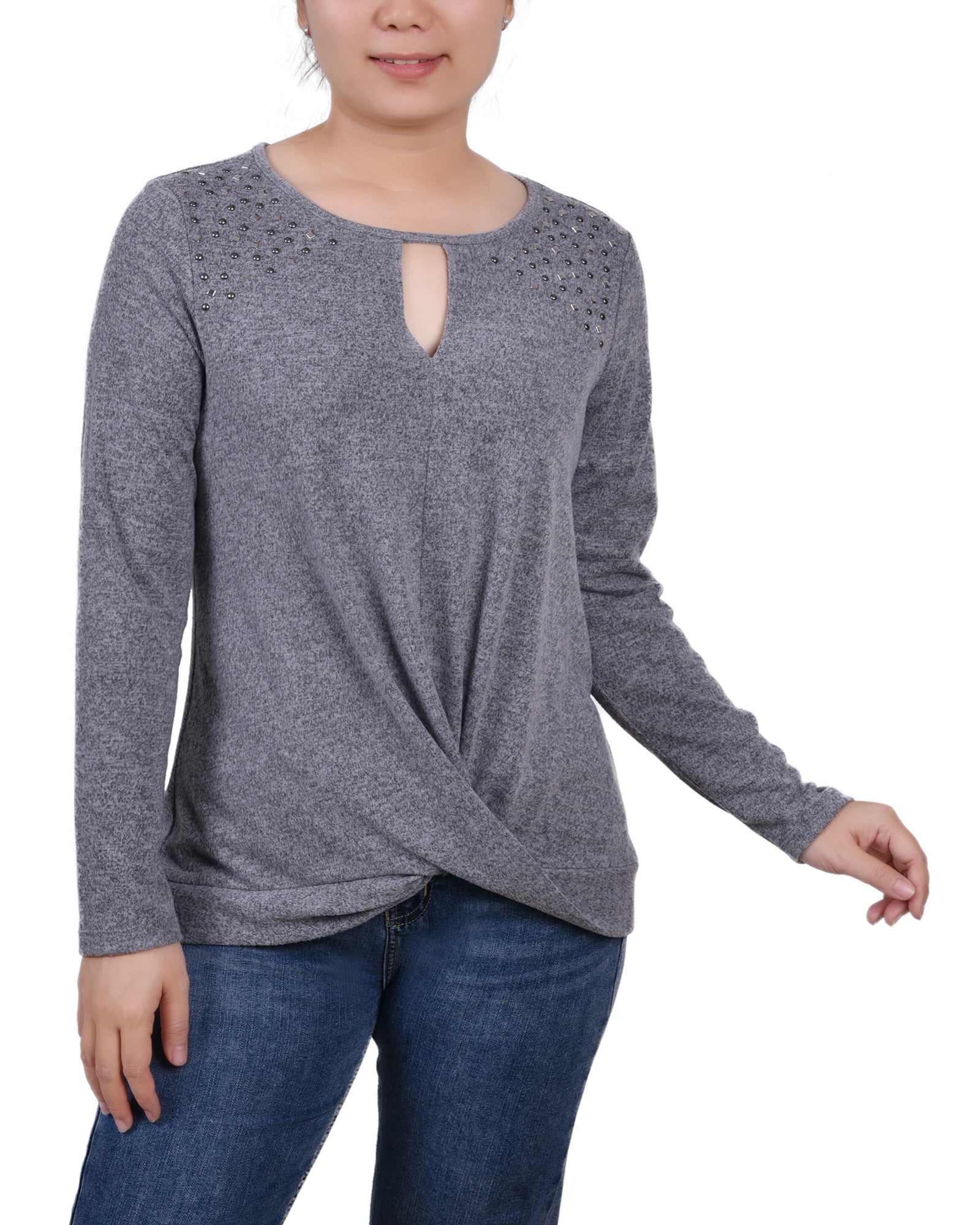 Petite Long Sleeve Knit Keyhole Top With Studs – NY COLLECTION