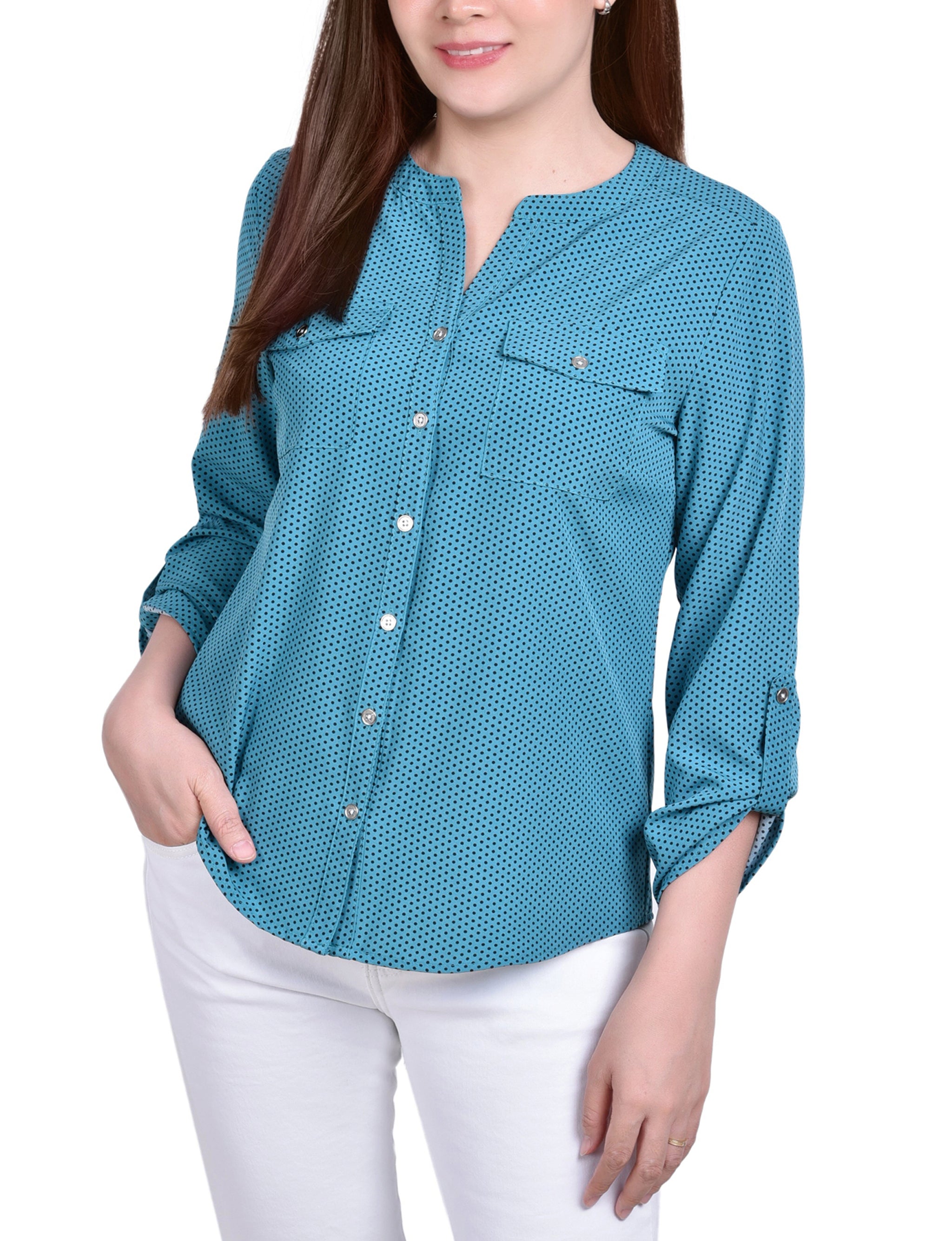 Petite 3/4 Sleeve Roll Tab Y Neck Blouse – NY COLLECTION